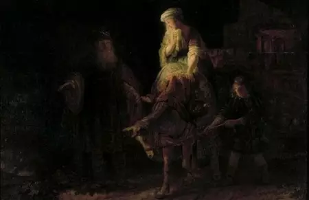 Áp-ra-ham gửi lời từ biệt Hagar và Ishmael. Rembrandt