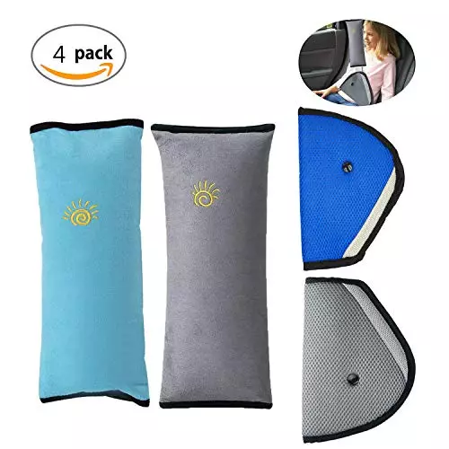 Autokussen Belt Pads, TANGGER 4PCS Afneembare Schouder Protector Pads, Child Head Support Neksteun Kussen Comfort Belt (Blauw en Grijs)