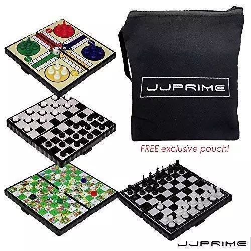 JJPRIME 4 nan 1 Echèk/Ludo/Sèpan ak Nechèl/Dam/Magnetic Travel Board Game