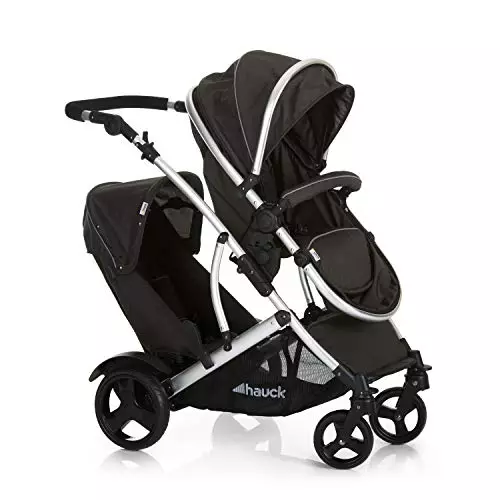 Hauck Duett 2 - Zwillingskinderwagen, Zwillingswagen, Babywanne ab Geburt Verwandlung zum Kinderwagen, drehbarer Sitz, abnehmbarer Zweitsitz, höhenverstellbarer Schiebebügel, Black Forest