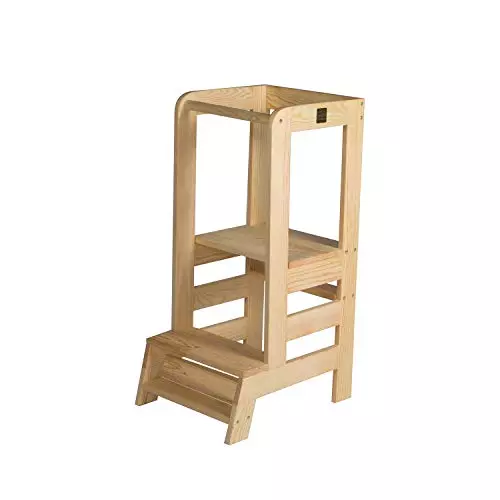 MEOWBABY ຫໍການຮຽນຮູ້ Montessori Kids Kitchen Helper Wooden Stool Kitchen Assistant Stool Adjustable Shelves Natural