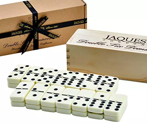 Jaques of London Dominoes - Club Double Six Dominoes yn in houten doaze mei sliding lids