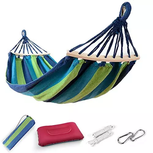 EASY EAGLE Kain Gantung Hammock karo 60CM Crossbars Kayu, 220x120CM Gedhe Hammock kanggo Outdoor Camping Garden, 300KG Beban, Biru-Ijo Stripes