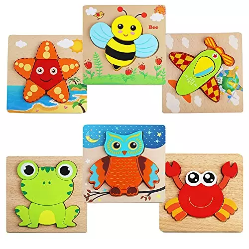 लाकडी प्राणी कोडी, 6 पॅक शैक्षणिक लाकडी कोडी लहान मुलांची खेळणी, रंगीत प्राणी कोडी 6 तुकडे मुलांची बुद्धिमत्ता खेळणी कोडी