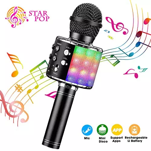 ShinePick Bluetooth Mikrofon do karaoke, przenośny bezprzewodowy mikrofon do karaoke z głośnikiem i diodą LED dla dzieci Sing Music Party, kompatybilny z Androidem / iOS PC, AUX lub smartfonem (czarny)