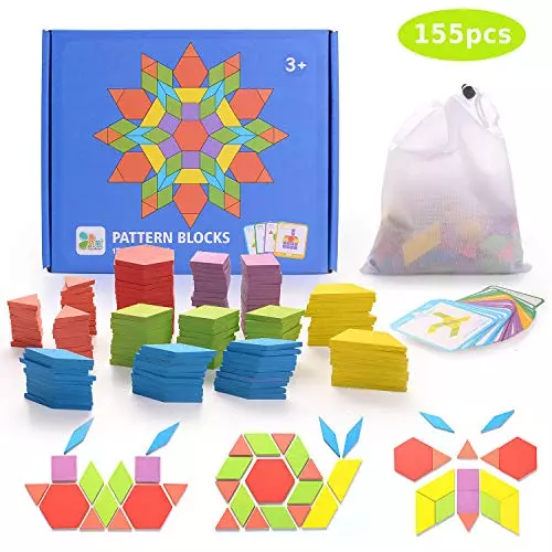 HellDoler Wooden Puzzles, 155Pcs Wooden Blocks Set Geometric Shapes Puzzle, DIY Montessori Tangram Toys with 24Pcs Design Cards for Kids
