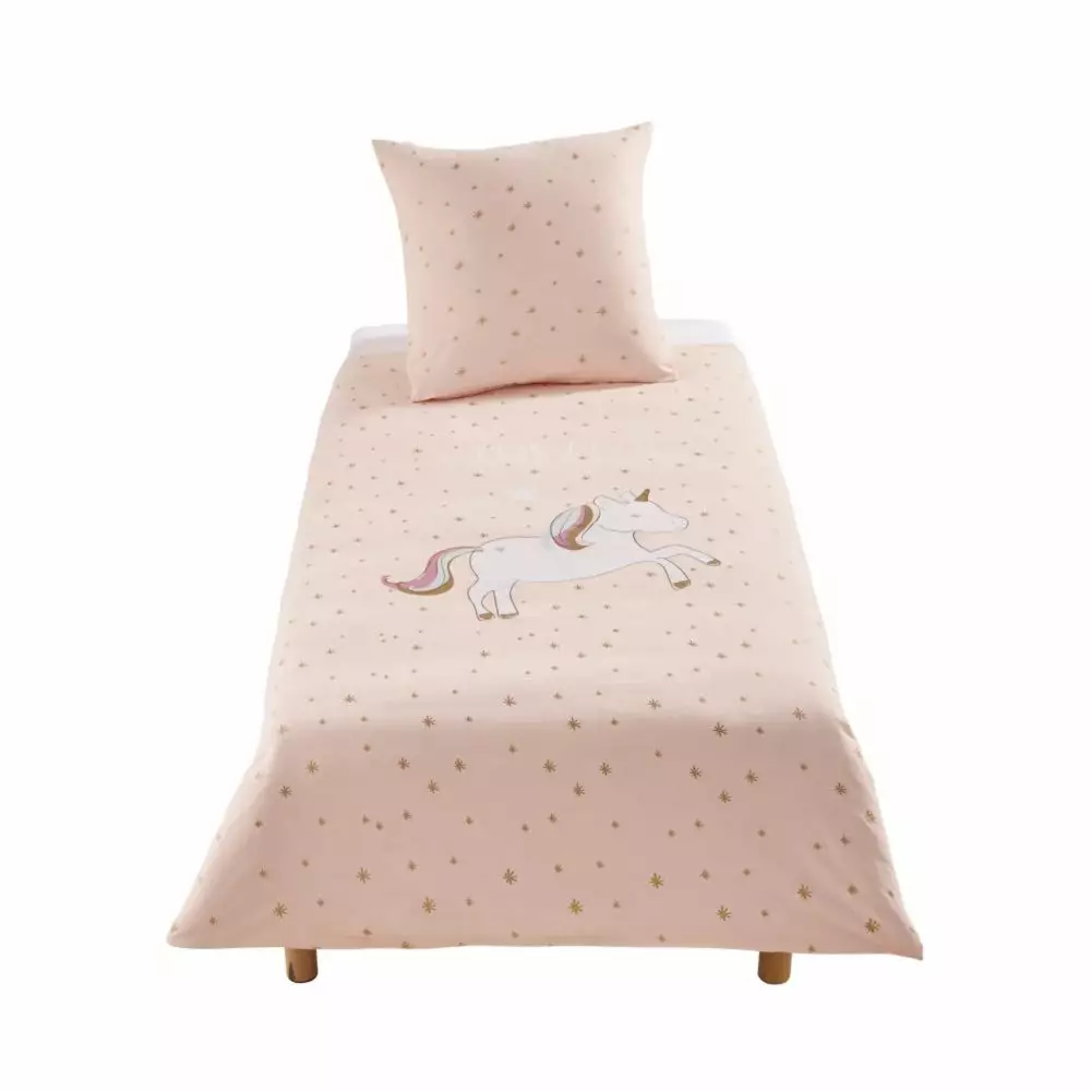 Bộ khăn trải giường cho trẻ em bằng bông màu hồng với những ngôi sao vàng trang trí 140x200