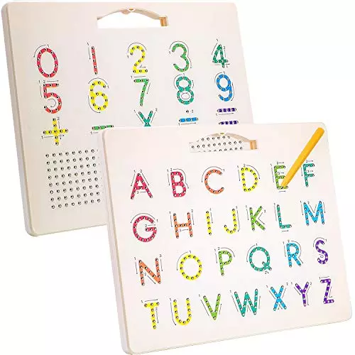 Hautton Tablă magnetică cu alfabet pentru copii, scris cu 26 de litere majuscule/10 numere/5 semne calcul, jucărie educațională pentru învățarea timpurie, scris cu alfabet pentru preșcolari mici