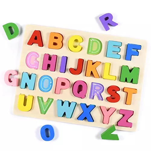 Табло за пъзел с азбука, образователни дървени играчки за ранно обучение за бебета, многоцветни пъзел ABC буквени блокове азбука за деца Образователни дървени играчки