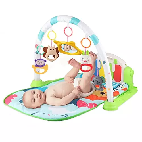 Eendoos Baby Play Mat, Cheza na Cheza Meki yenye Muziki, Zawadi kwa Miezi 0-24 Watoto Wenye Vinyago 5 vya Kuning'inia Vinavyoweza Kuondolewa.