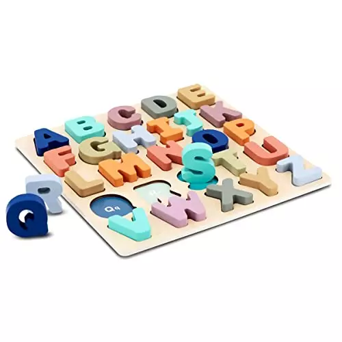 Association Puzzle Multicolored Wooden Letters, ABCLOOM, Montessori Educational Toy fir Kanner a Puppelcher, Puzzle Alphabet Stécker déi zesummen passen