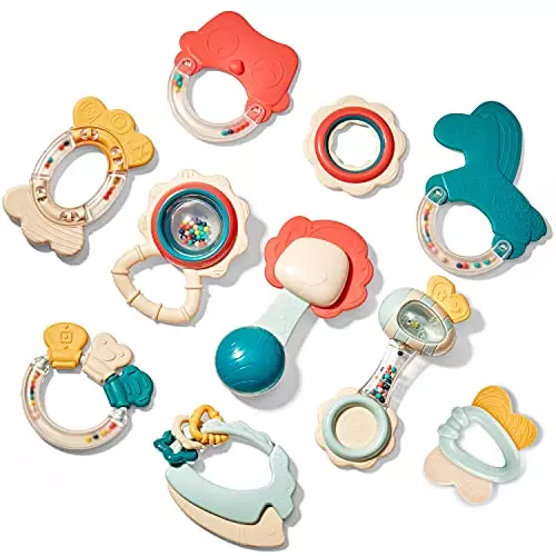 CubicFun Baby Teether Baby Rattles Weka Vichezeo vya Mtoto 3 4 6 9 12 Miezi 12 Visesere vya Kupoeza vya Kupunguza Meno Visivyolipishwa vya BPA vya Mtoto Hurusha Teether Set Mtoto mchanga Miezi 0-6-12, Vipande 10