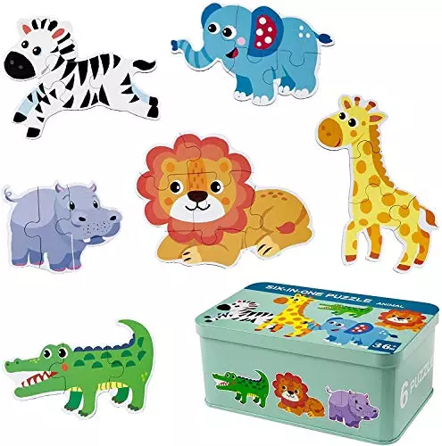 Comius Sharp Wooden Puzzle, 6 Pack Jigsaw Puzzles Mga Laruan ng Sanggol para sa 1 2 3 4 5 Taon na Bata Mga Regalo Pang-edukasyon sa Montessori 3D Pattern Puzzle na may Metal Puzzle Box (Animal)