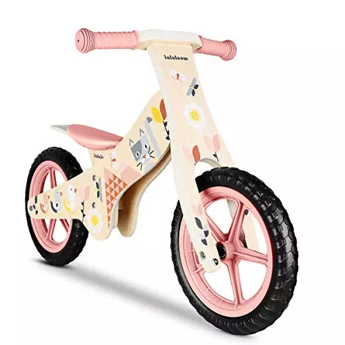 Lalaloom SPRING BIKE - Drewniany rower bez pedałów dla dzieci w wieku 2 lat (wzór kwiatowy, chodzik, jeździk dla równowagi, regulowane siedzenie z gumowymi kołami EVA), kolor różowy