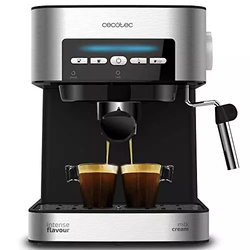 Cecotec Power Espresso 20 Matic express coffee maker. 850 W, 20 Bar, 1.5L, Double Outlet Arm, Steamer, Cup-Warning Surface, Digital Controls, Stainless Steel Finishing, Black/Silver