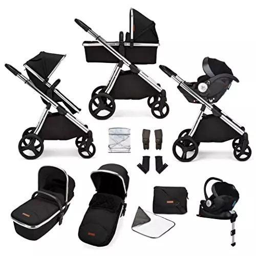 Ickle Bubba Eclipse 3-in-1 i-Size ratiņu ceļojumu sistēma ar Mercury i-Size automašīnas sēdekli, Isofix pamatni un integrētu Bubba dēli (melns ar melniem rokturiem)