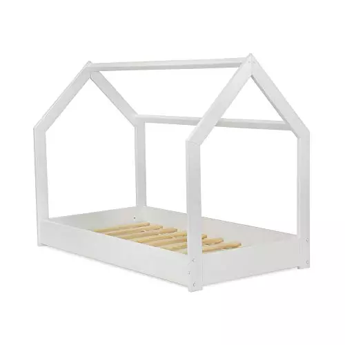 MS FACTORY 松木兒童床 - 蒙台梭利屋形床 80x160 厘米，適用於男孩和女孩 - 板條底座 - 白色