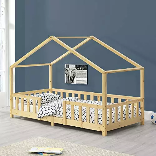 Detská posteľ z borovicového dreva 90 x 200 cm Detská posteľ s ochrannou mriežkou Tvar domčeka Prírodná borovica