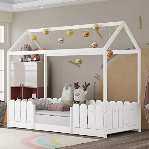 バリアグリル保護付き子供用ベッド女の子と男の子のための小さな家の家の形パインウッドモンテッソーリベッド90x200 cmホワイト（ホワイトスタイル3）