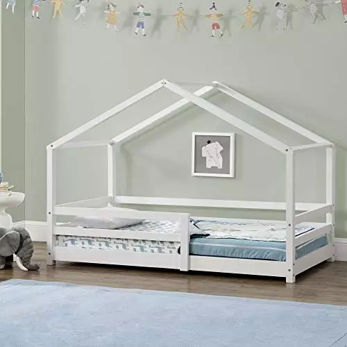 Children's Bed 80 x 160 cm Children's Bed with Box Frame Pine Wood Structure In House Design with Security Grille Protection Matt Lacquered White