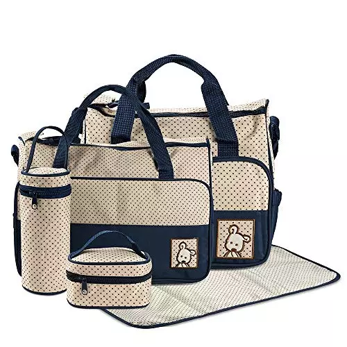 FREESOO Set 5 kit Bröstväska för nappflaska Blöja Skötväska Maternal babyficka för bilvagn Flaskmatta Matblöja med stor kapacitet