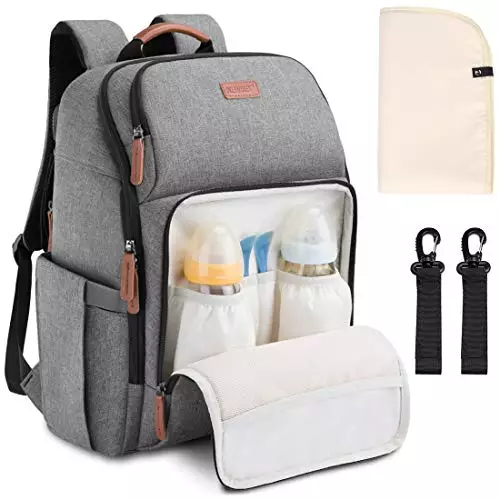 NEWHEY Diaper Backpacks Baby Nappy Bag Mom Multifunctional Large Nappy Changing Bags Waterproof with 2 Stroller Straps Grey