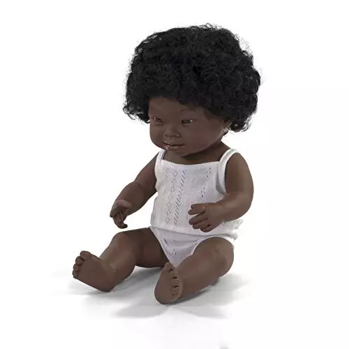 ሚኒላንድ - 38 ሴሜ Soft Vinyl African Down Girl Baby Doll በብሔረሰብ እና በሥርዓተ-ፆታ ልዩነትን ለስላሳ እና ደስ የሚል ሽቶ የመማር ባህሪ ያለው። በስጦታ ሳጥን ውስጥ ቀርቧል።