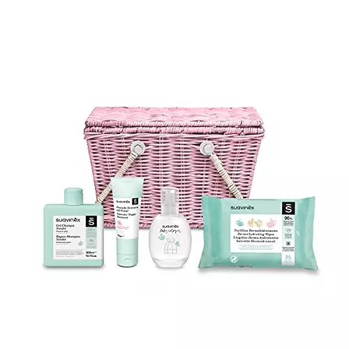 SUAVINEX Basket Kosmetiku tat-trabi b'Qoffa tal-qasab. Jinkludi: Baby Cologne 100ml, Syndet Shampoo Gel 300ml, Ingwent Intensiv għall-Ħrieqi 75ml, Wipes Dermo-Moisturizing 25 unità Kulur roża