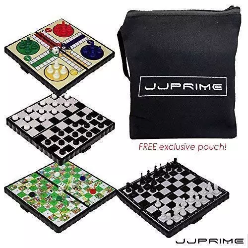 JJPRIME 4 ב-1 שח/לודו/נחש וסולם/דמקה/משחק לוח מטיילים מגנטי
