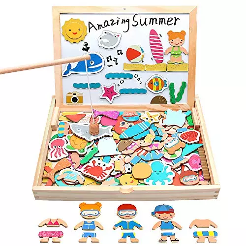 yoptote 110 Pieces Magnetic Wooden Puzzles, Magnetic Whiteboard Wooden Puzzle Double Sideed Drawing Board تعليمي رانديڪا مڇي مارڻ ٻارن لاءِ 3 4 5 سال