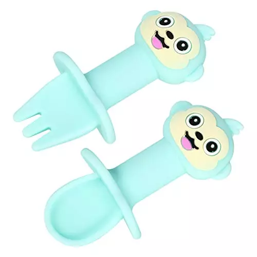 TOYANDONA 2-delad babygaffelskedsats Minisked och gaffelträningsredskap Set Anti-kvävningsbestick för spädbarn och småbarn Grön