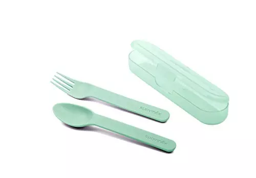 Suavinex - Set sked + gaffel + boo fodral, barnbestick för känsligt tandkött, för spädbarn +12 månader, färg grön