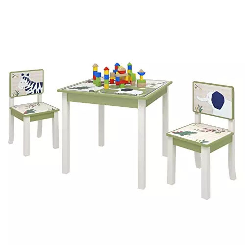 Lestarain Kindertisch und 2 Stühle, Kindermöbel-Set aus Holz, Mehrzweck-Aktivitätstisch für Kinderzimmer, Zoo-Thema, Grün und Weiß