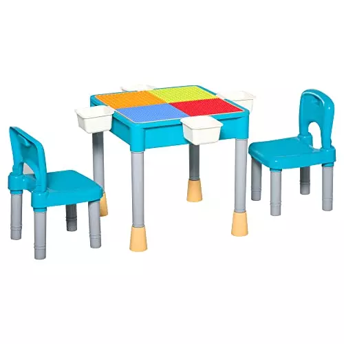 HOMCOM Kindertisch und 2 Stühle Set mit 135 Bausteinen Beidseitiger Tisch Nützlich zum Malen und Essen mit großem Stauraum 69 x 69 x 47 cm Mehrfarbig