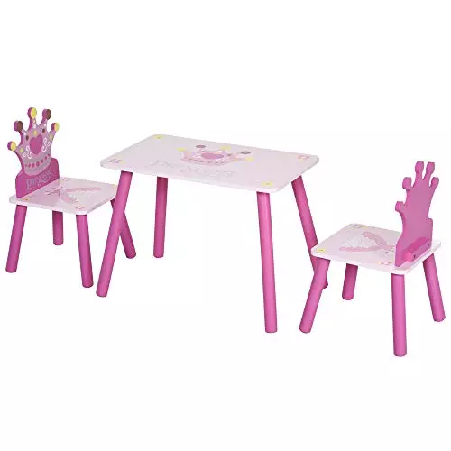 HOMCOM Kinder Holztisch und 2 Stühle Set Schreibtisch Tisch 55 x 34 x 42 cm und Stühle 28 x 26 x 50 cm für Kinder + 3 Jahre für Spielzimmer Jungenzimmer Rosa