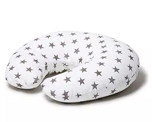 Niimo Baby Breastfeeding Cushion ปลอกหมอนอิงผ้าฝ้าย 100% หมอนมัลติฟังก์ชั่นถอดซักได้สำหรับแม่และเด็กที่เติมเส้นใยโพลีเอสเตอร์ (สีขาว - ดาวสีเทา)