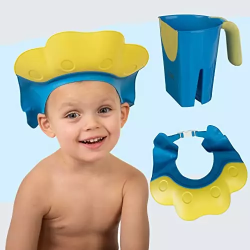 Bisoo gyermekfürdősapka + babafürdőkancsó - Gyermekfürdősapka öblítővel - Praktikus készlet mosófejhez öblítőkancsóval és védősapkával