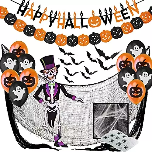 Halloween Decoration House XXL, Scary Party Decorations - Bunting Flags, Bats, Pumpkin Garland, Balloons, Spider Web, Creepy Black Cloth and Articulated Skeleton