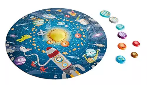 Hape Saules sistēmas finierzāģa puzle, Saules sistēmas apaļa puzles rotaļlieta zēniem un meitenēm, masīvkoka gabali un kvēlojoša LED saule