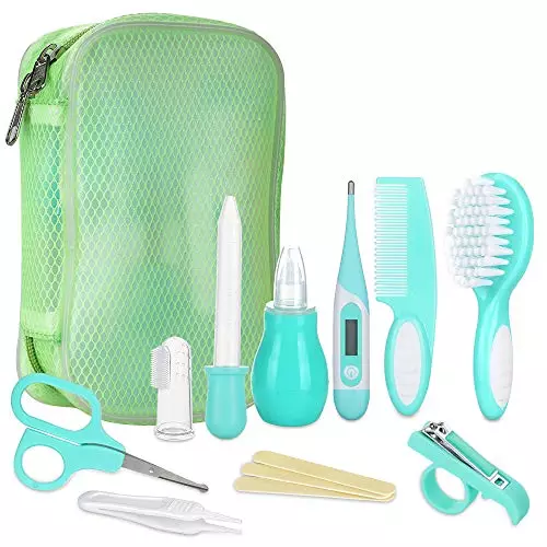 Lictin Baby Care Set-10 Prácticos kits de aseo para bebés con termómetro electrónico, peine, cepillo de dentes para dedos, limpiador de nariz para viaxes e uso diario (verde)