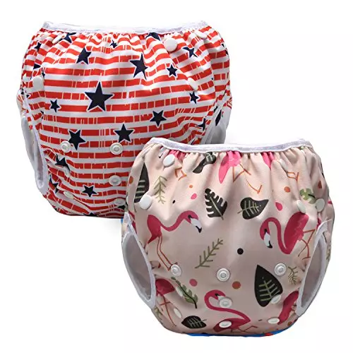 Luxja Baby Swim Diaper អាចប្រើឡើងវិញបាន Baby Swim Diaper Washable Baby Diaper (0-3 ឆ្នាំ), Forest Flamingo + Star (ឆ្នូតក្រហម)