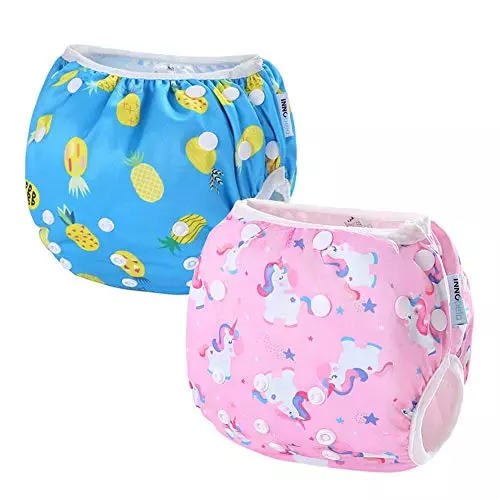 ក្រណាត់កន្ទបទារក InnoBeta Swim Diaper 2 PCS, ក្រណាត់កន្ទបទារកហែលទឹកដែលអាចប្រើឡើងវិញបាន, ក្រណាត់កន្ទបសម្រាប់ហែលទឹកសម្រាប់ក្មេងប្រុស 0-2 ឆ្នាំ(Size M), Blue Pineapple + Unicorn