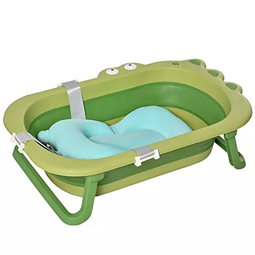 HOMCOM Bồn tắm gấp cho trẻ sơ sinh đến 3 tuổi 50 Lít với đệm thoải mái và chân gấp Tải trọng 50 kg 80x53,9x20,8 cm Màu xanh lá cây