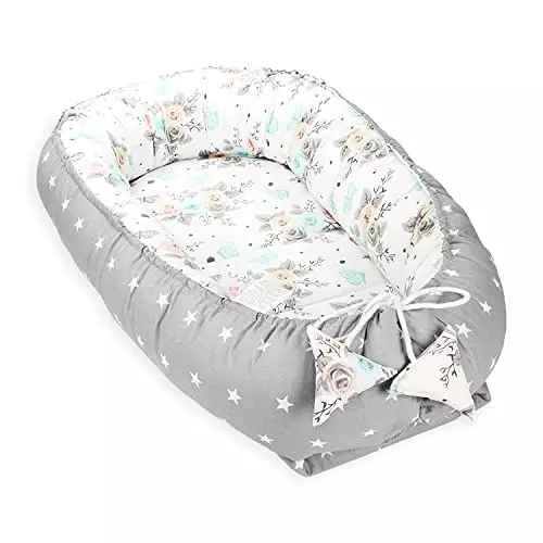 Baby Nest 90x50 cm - Crib Reducer Newborn Baby Nest cotton with Oeko-Tex Certificate Butterflies and roses + white stars on gray