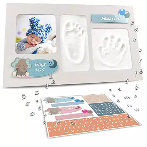 LALFOF® ELEPHANT baby footprint frame na may pangalan. Hand and foot print kit para sa mga bagong silang. Tamang-tama bilang orihinal na mga regalo para sa listahan ng kapanganakan ng mga lalaki at babae