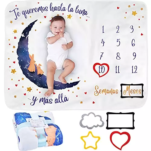 Baby Months Blanket sa Espanyol | Unisex na modelo | Regalo sa Baby Shower | Tema ng buwan | Malambot at Makapal | Buwanang Photo Blanket | Kontrol sa Edad at Paglago | Buwanang Milestone Blanket