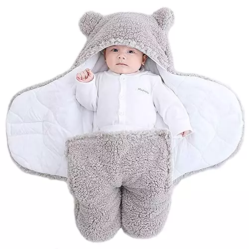 TURMIN Newborn Baby Swaddling Blanket, Baby Swaddle Winter Wrap, Soft Plush Warm Coat with Hood, Infant Sleeping Bag Blanket-Gray-M(3-6 na Buwan)