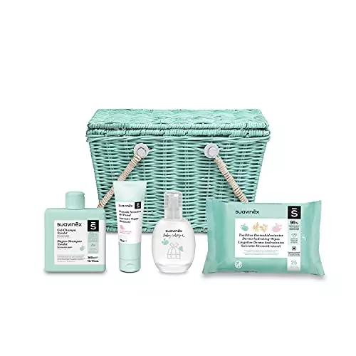 SUAVINEX Baby Cosmetic Basket na may Wicker Basket. May kasamang: Baby Cologne 100ml, Syndet Shampoo Gel 300ml, Intensive Diaper Ointment 75ml, Dermohydrating Wipes 25 Units. Kulay berde