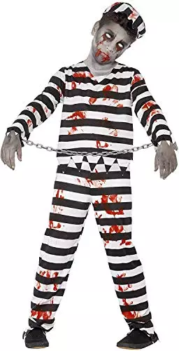 Smiffy's 44326L - Zombie Convict Costume, Black and White, Size L (kwa zaka 10-12)