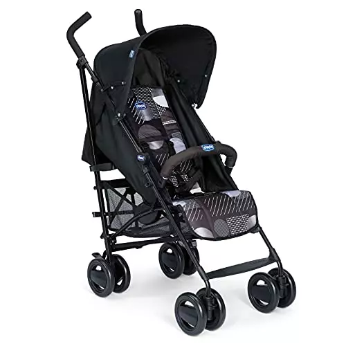 Chicco London Lätt och hopfällbar barnvagn från 0 månader till 15 kg, kompakt och liggande barnvagn med armstöd, sovställning, stängning av paraplytyp, färg svart (matris)